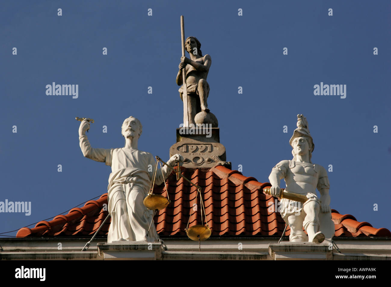 Statues on a building near the market in the historic city centre of ...