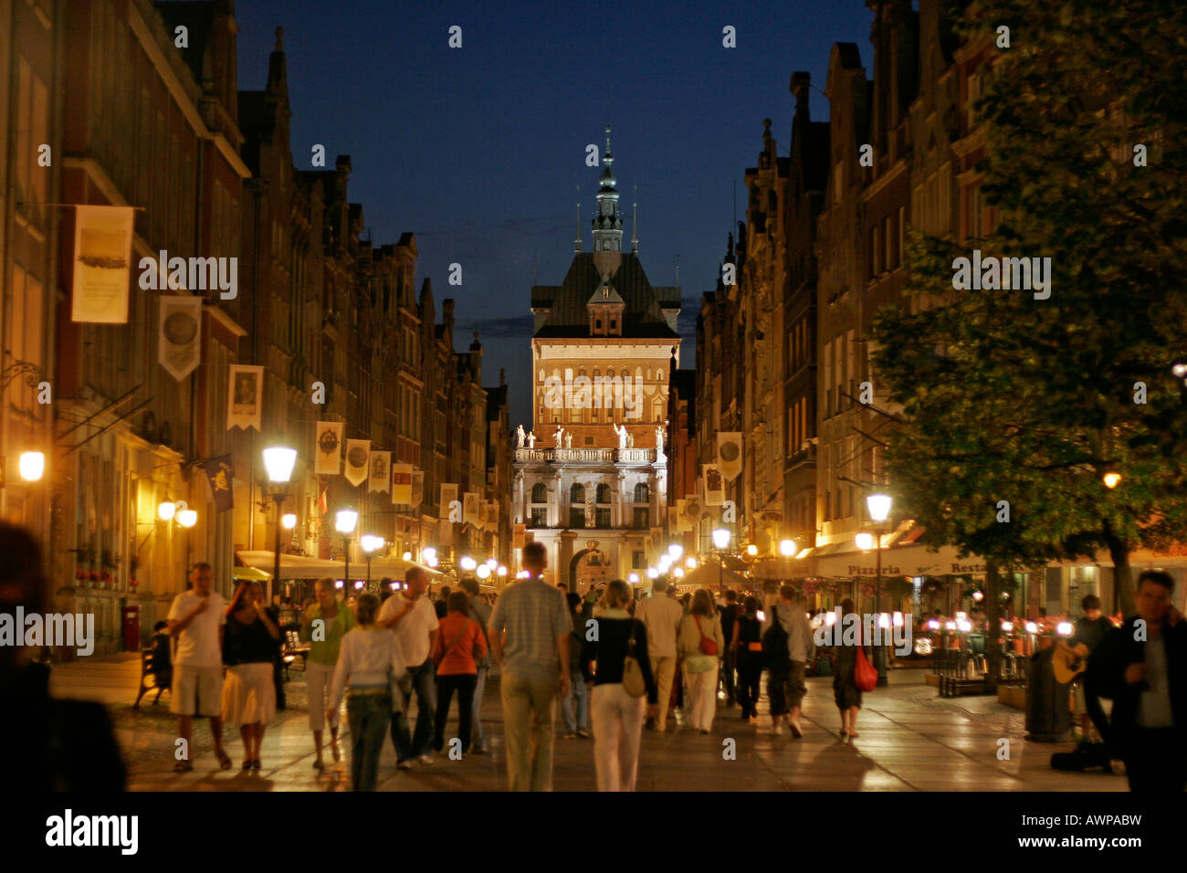 Pedestrian street and the Golden Gate at night, Gdansk, Poland, Europe ...