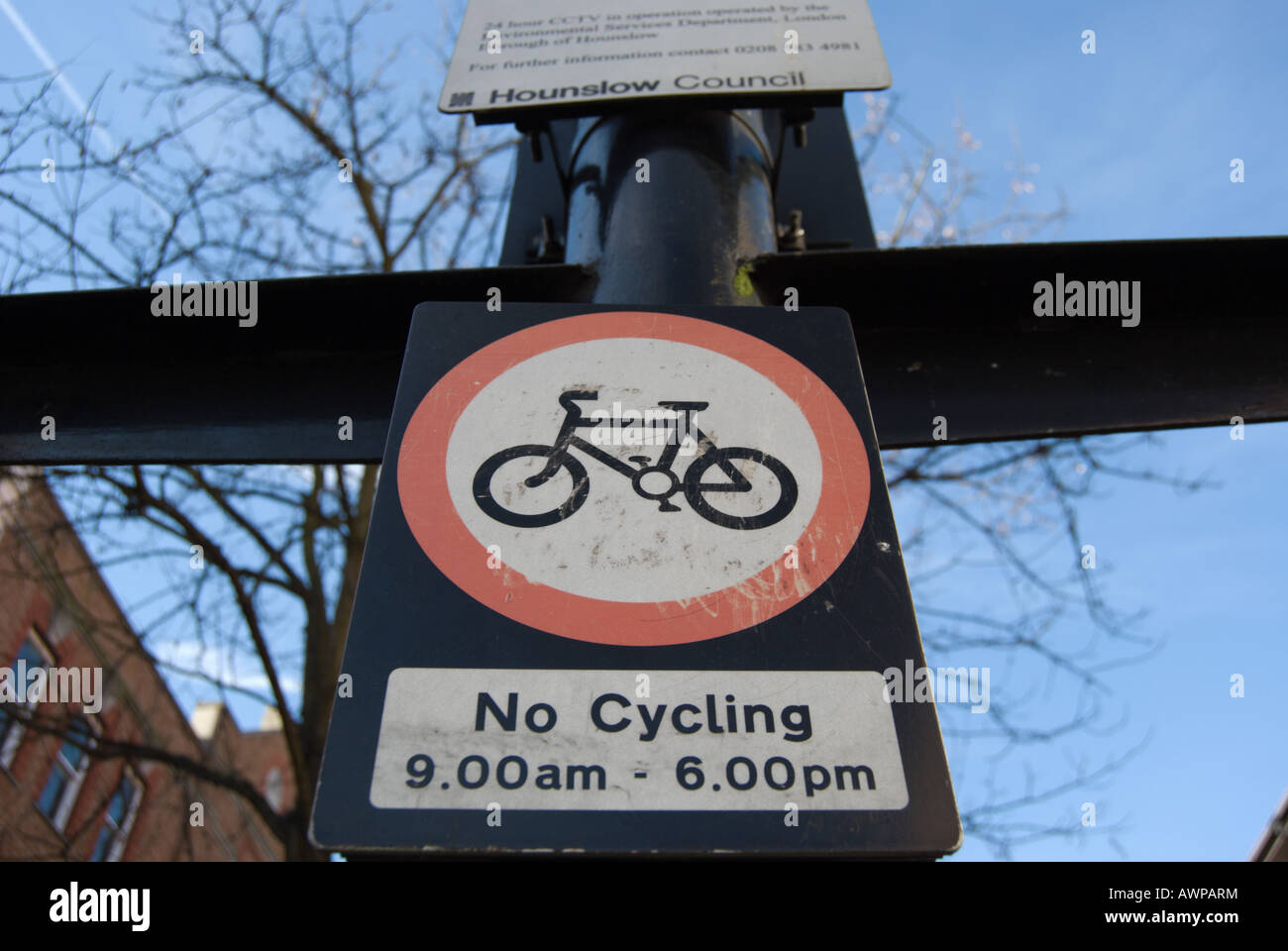 british no cycling sign with times when cycling is not permitted ...