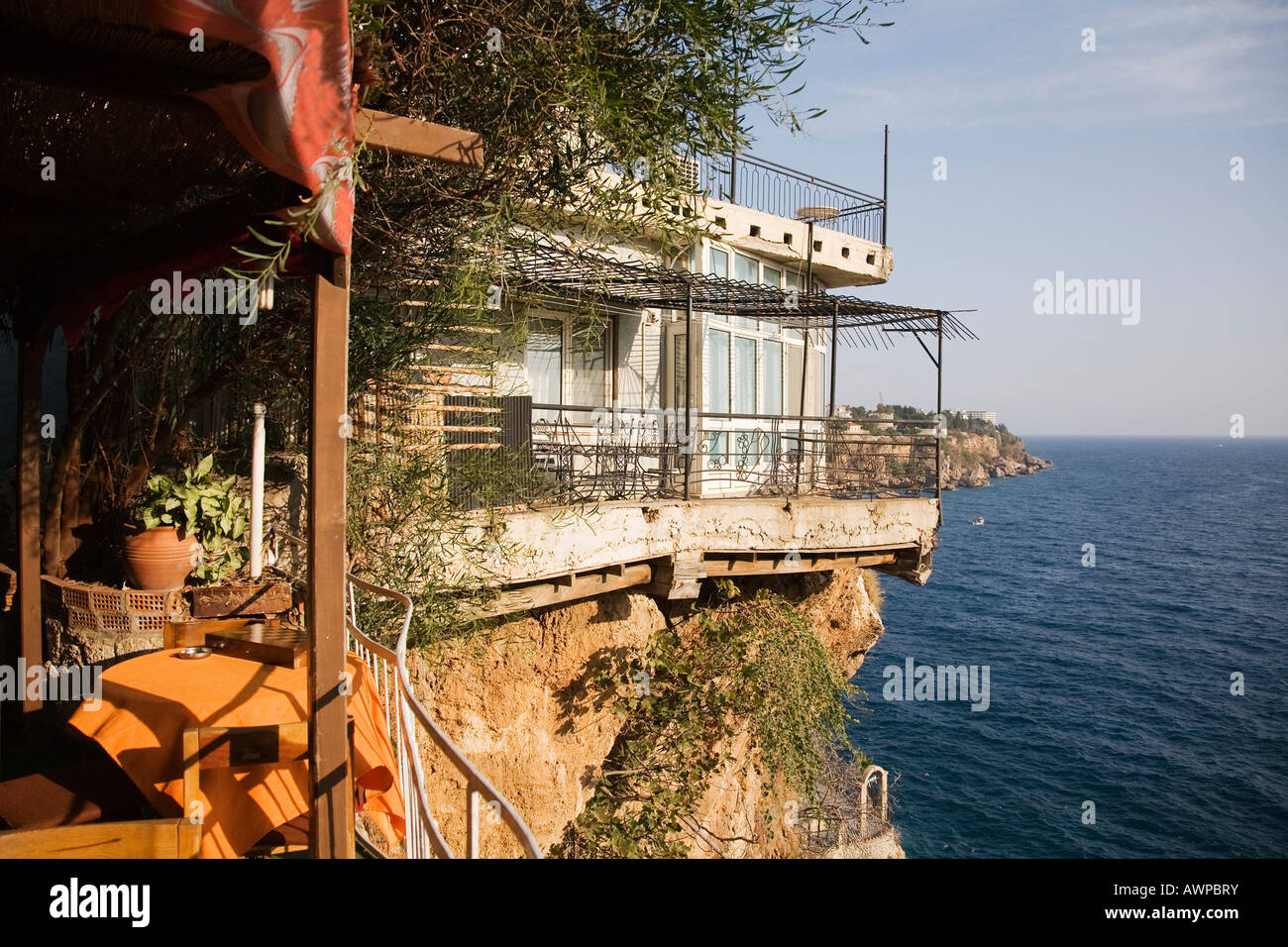 Restaurant patio overlooking the Turkish Riviera in Antalya, Turkey ...