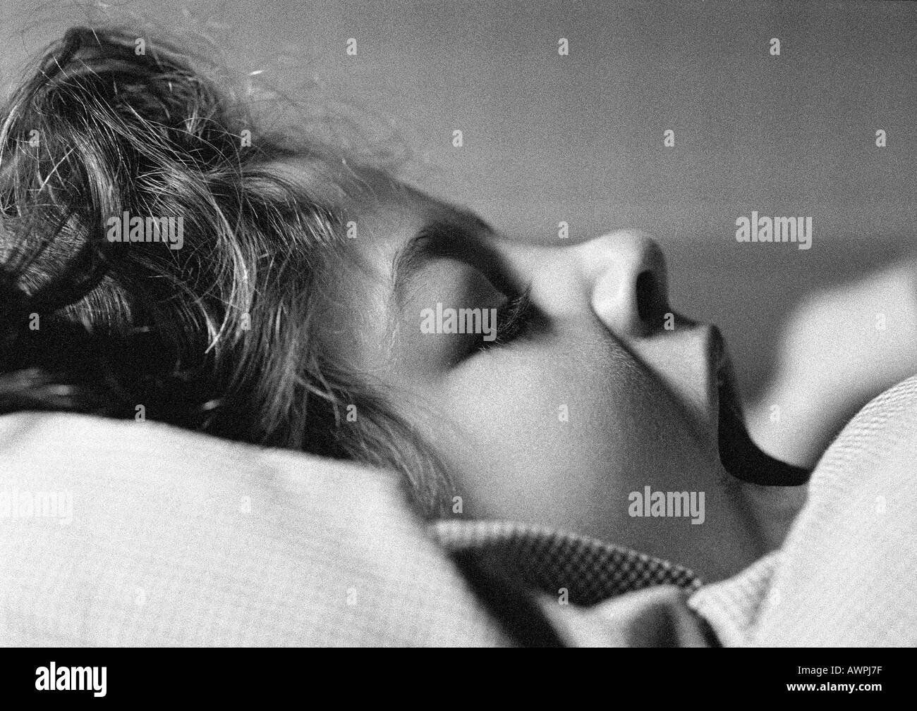 Girl yawning, close-up, side view, b&w Stock Photo - Alamy