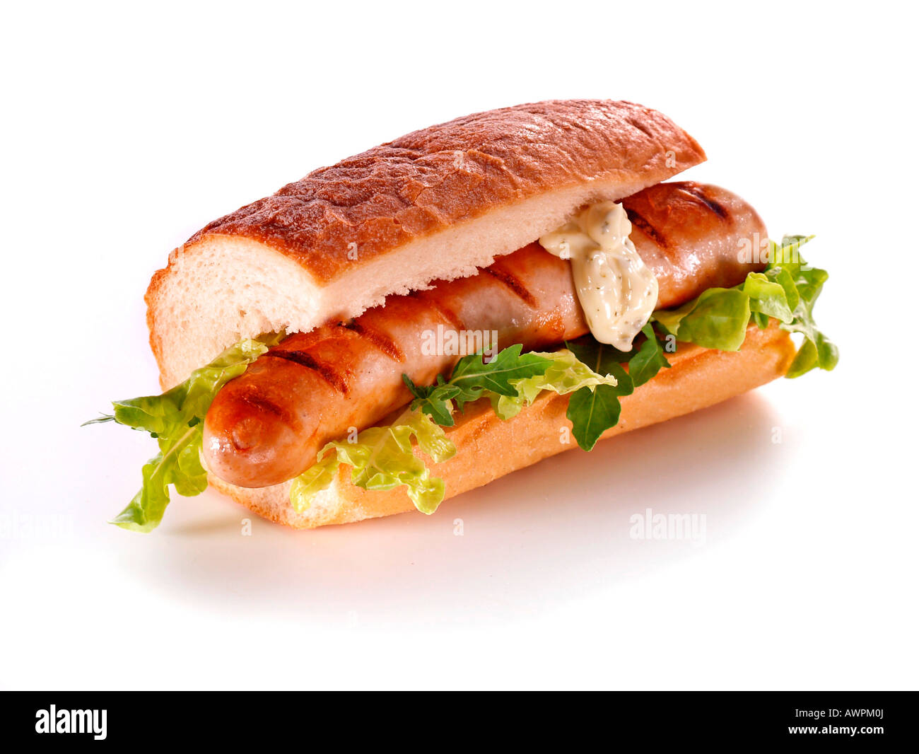Chicken bratwurst, rémoulade and salad on baguette Stock Photo - Alamy