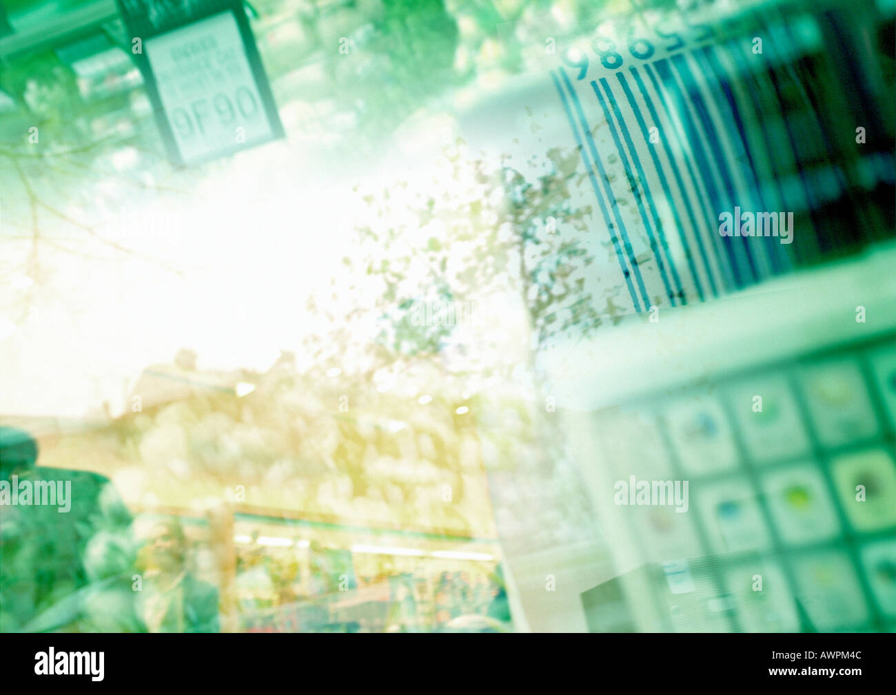 Produce scale, barcode, and produce, superimposed pictures, blurred ...