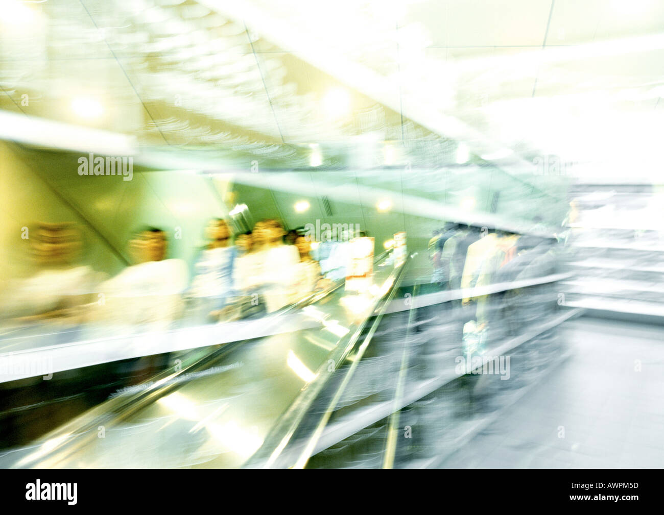 Shelves in supermarket and people on escalator, superimposed pictures ...