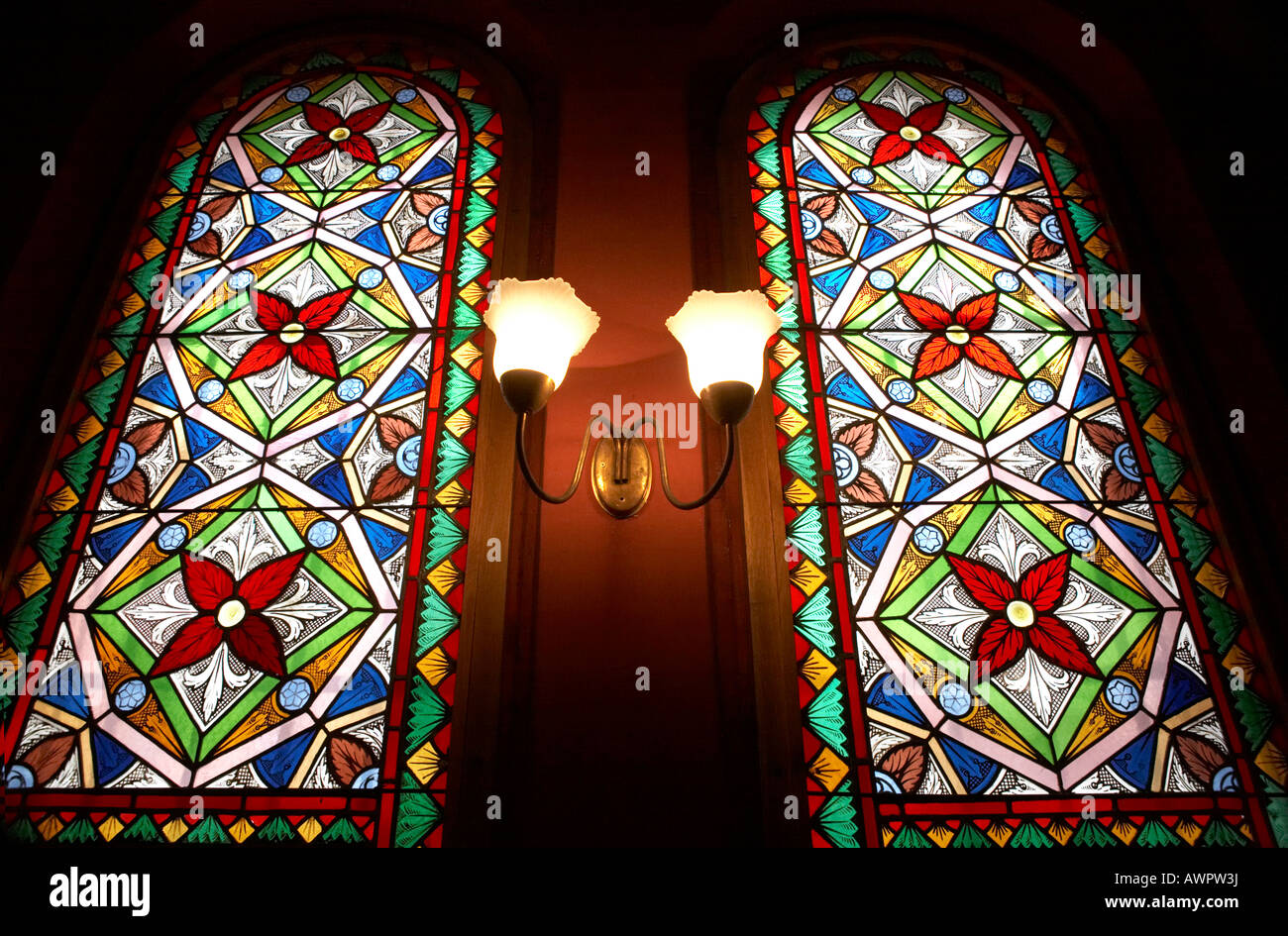 Poland Krakow Cracow Tempel Synagogue stained glass windows Stock Photo ...