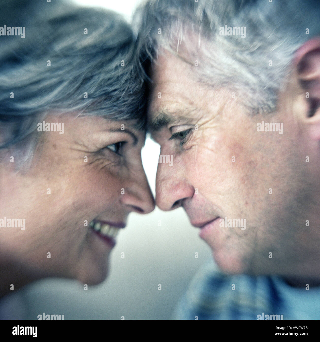 Profile of man and woman head to head with noses touching Stock Photo ...