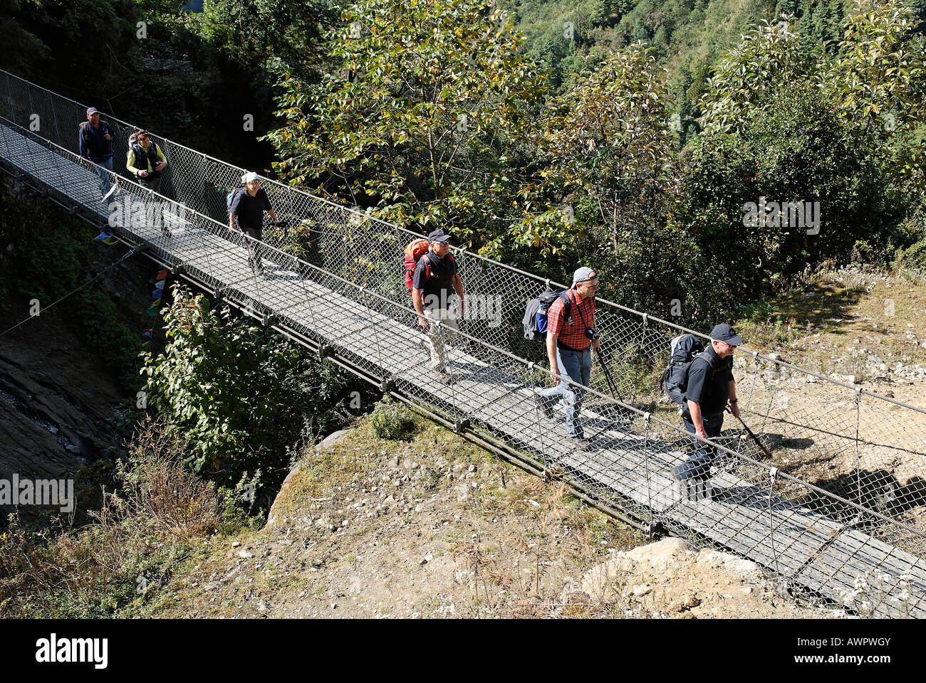 Swing bridge made of steel over Dudh Koshi river, Solukhumbu, Khumbu ...