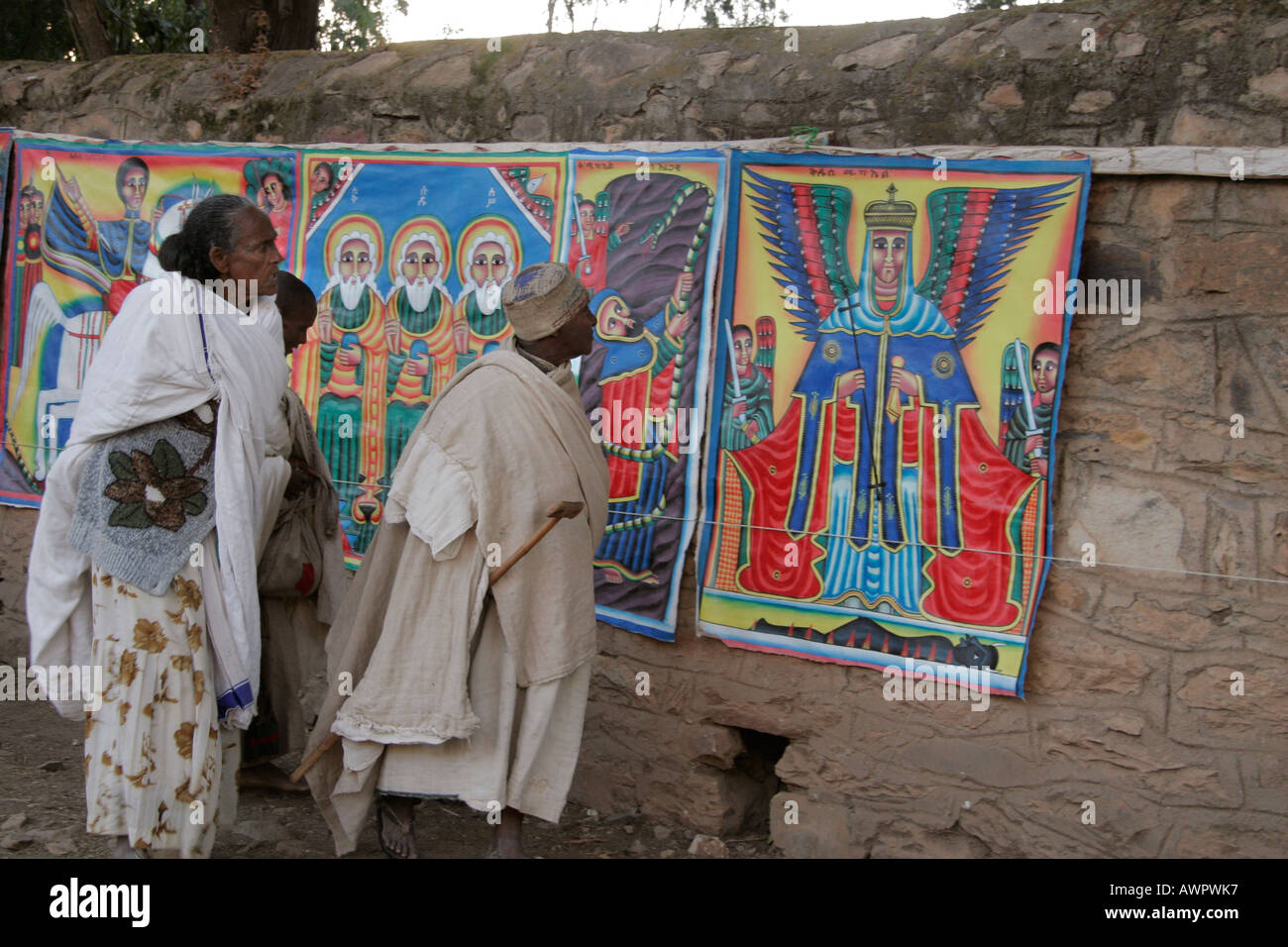 ETHIOPIA Women admiring paintings which are for sale The Maryam Feast ...