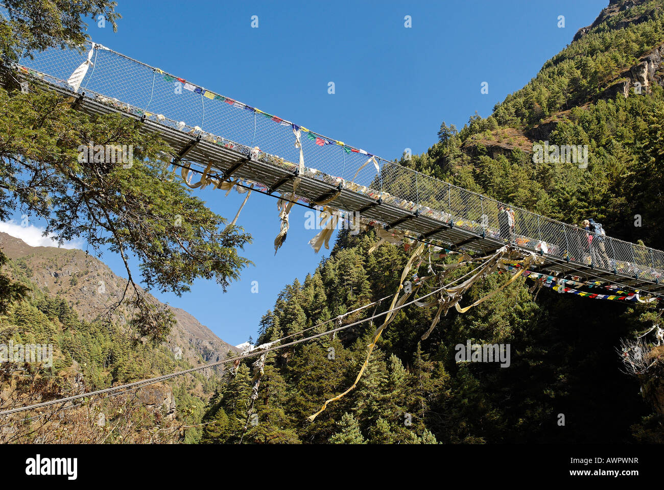 Suspension bridge made of steel, Hillary Bridge, over Dudh Koshi river ...