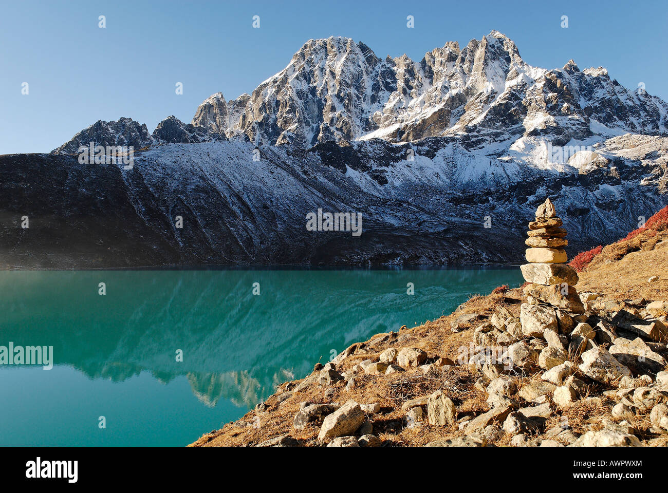 Holy lake Dudh Pokhari near Gokyo and Pharilapche(6017), Sagarmatha ...