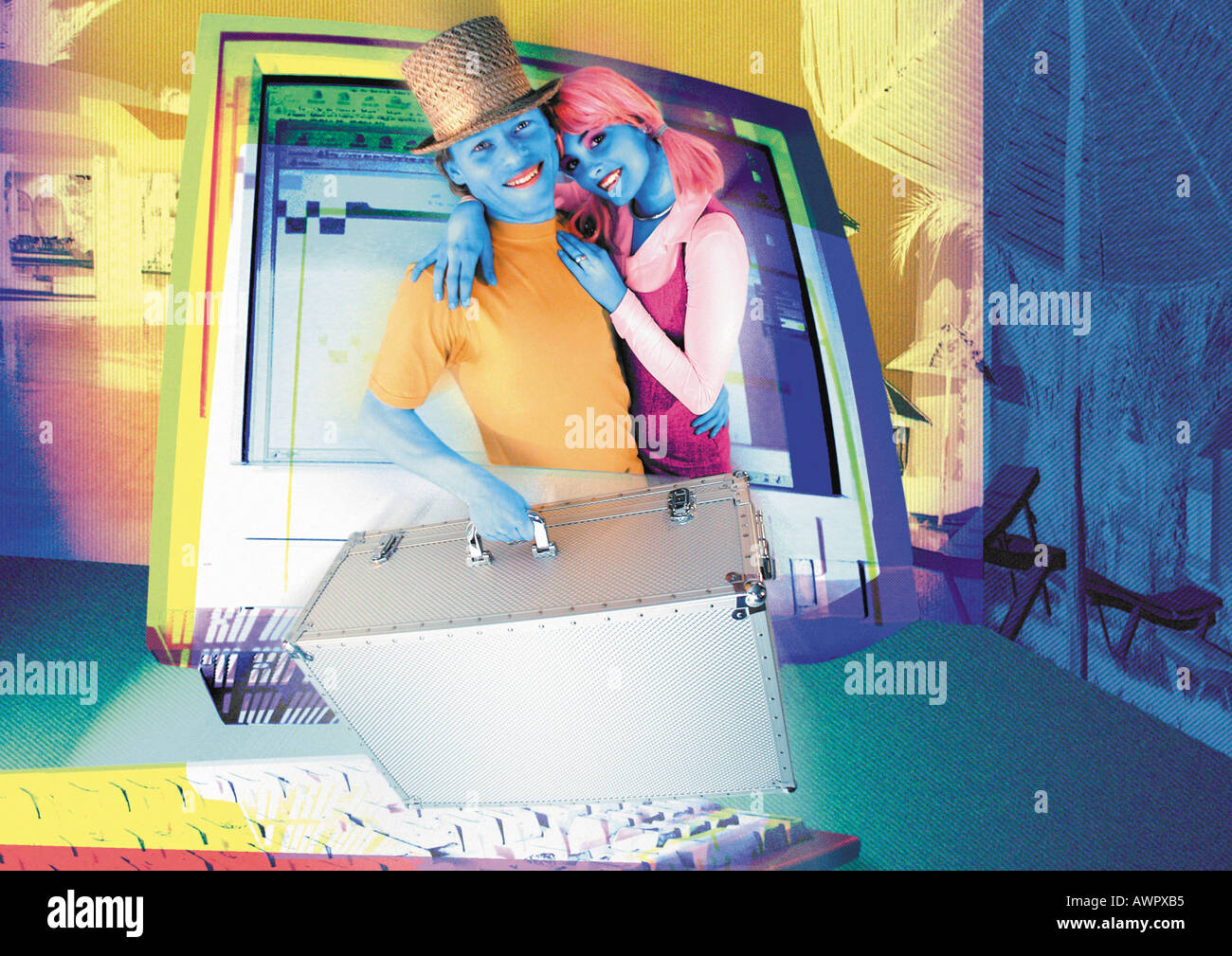 Couple coming out of computer monitor, digital composite Stock Photo ...