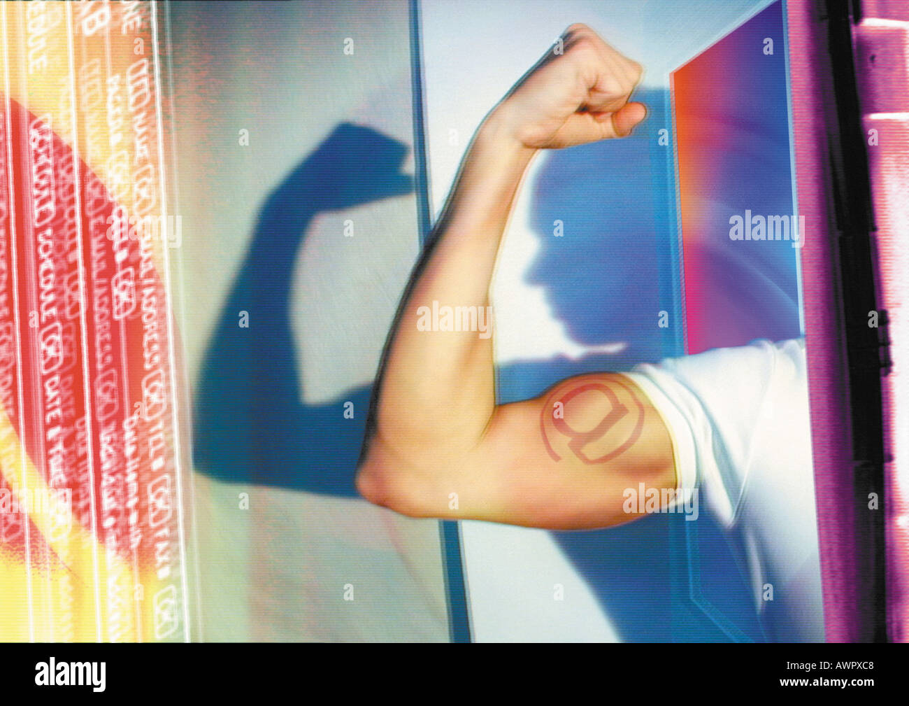 Arm flexing, emerging from computer monitor, "@" symbol on bicep ...