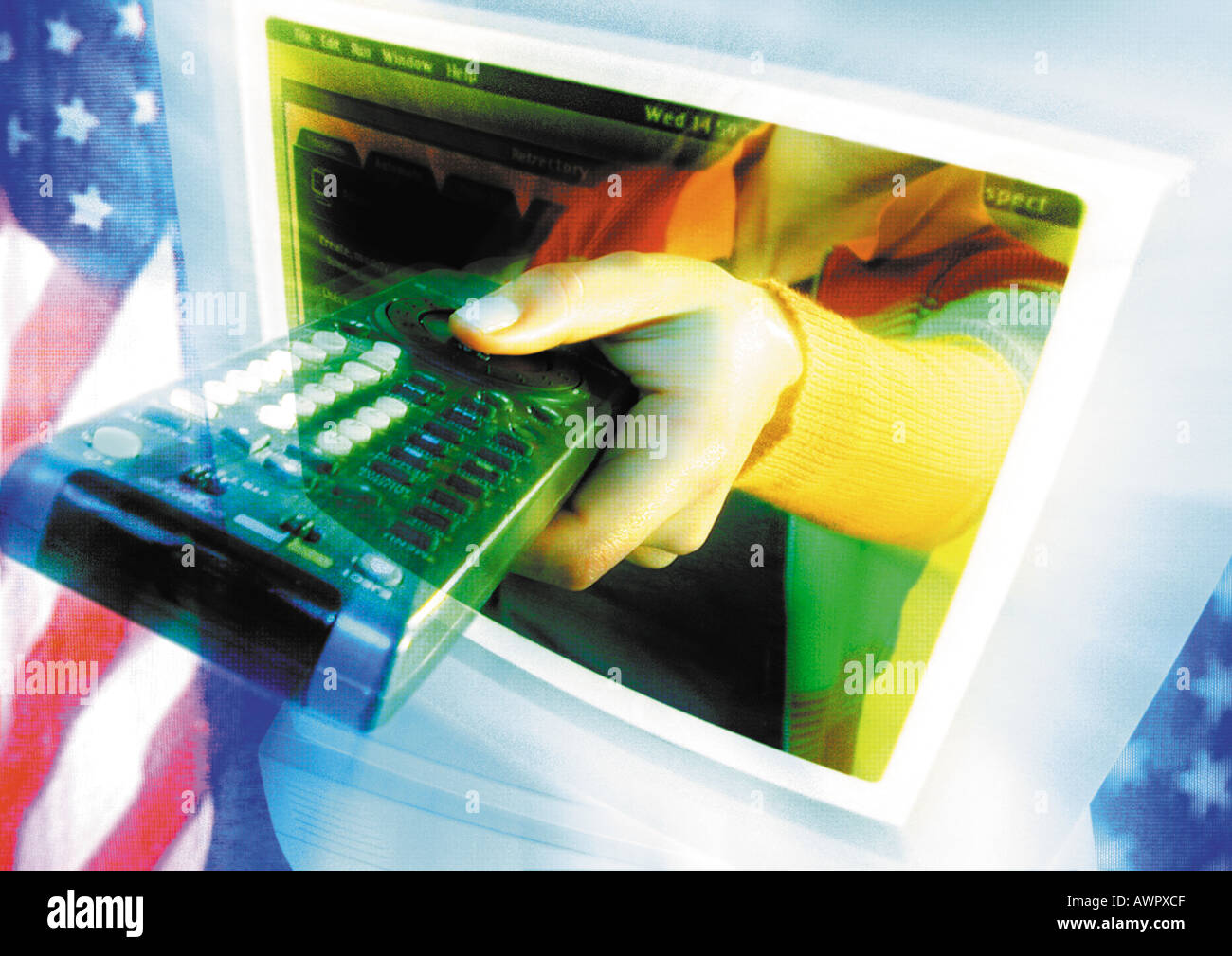 Woman's hand emerging from computer monitor, holding remote control ...
