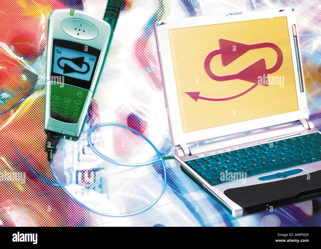 Cell phone connected to laptop, digital composite Stock Photo - Alamy