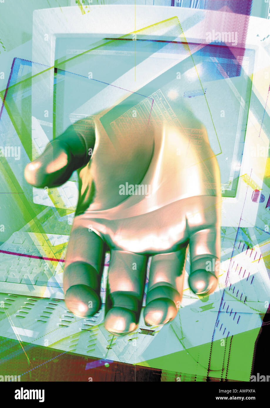 Hand, palm up, emerging from computer screen, digital composite Stock ...
