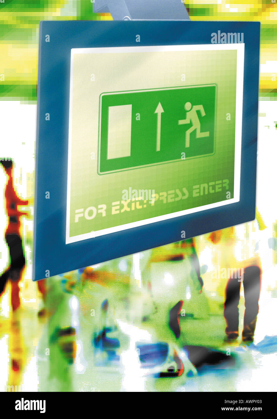 Computer, "For Exit: Press Enter" message on screen, digital composite ...