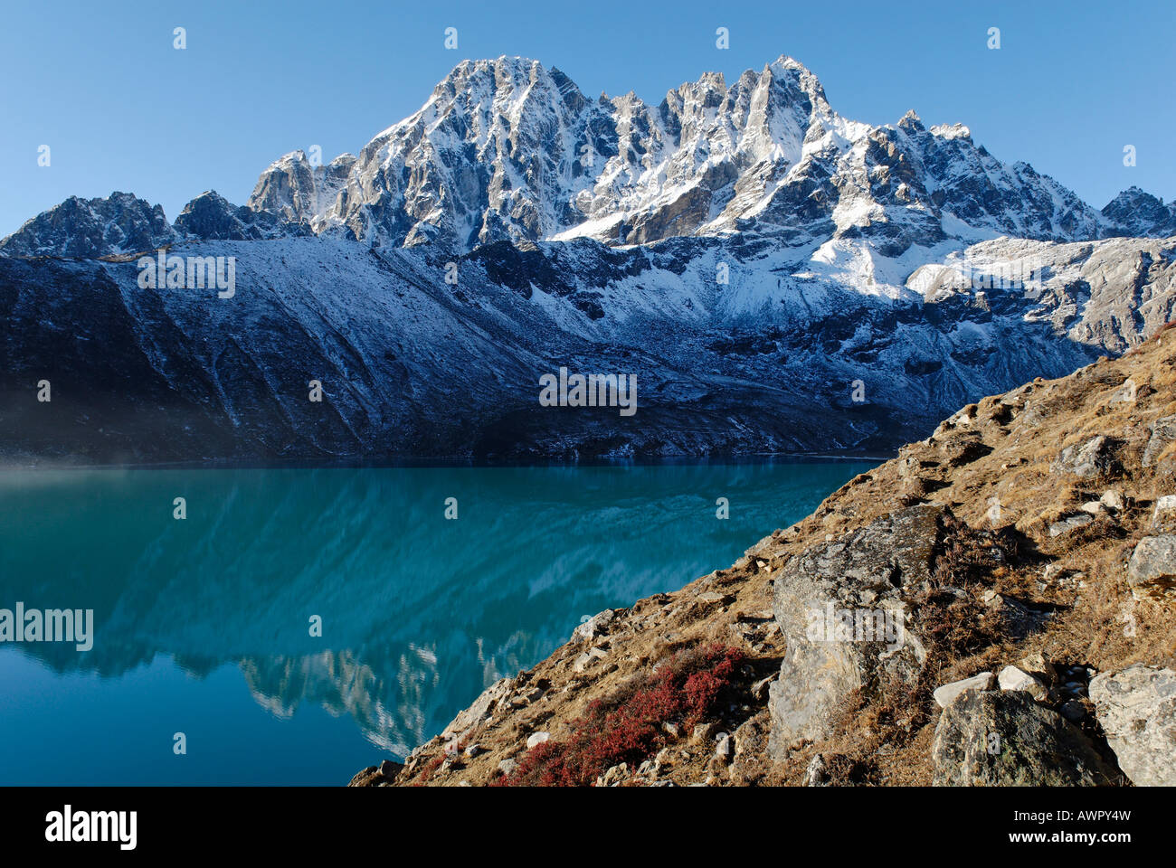 Holy lake Dudh Pokhari near Gokyo and Pharilapche(6017), Sagarmatha ...