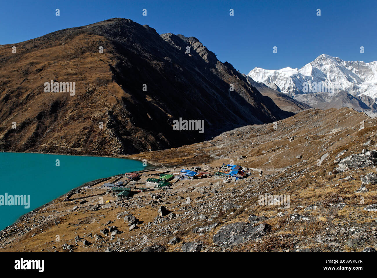 Holy lake Dudh Pokhari at Gokyo with Cho Oyu (8201), Sagarmatha ...