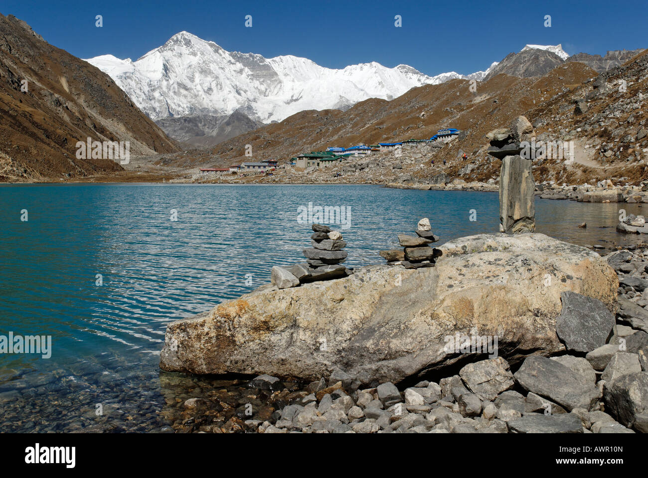 Holy lake Dudh Pokhari near Gokyo with Cho Oyu (8201), Sagarmatha ...