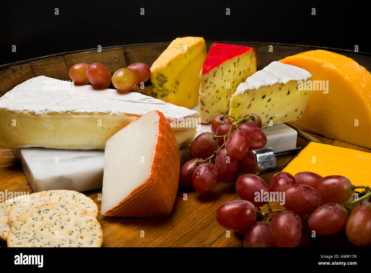 Cheese and Crackers on top of a wine barrel Stock Photo - Alamy