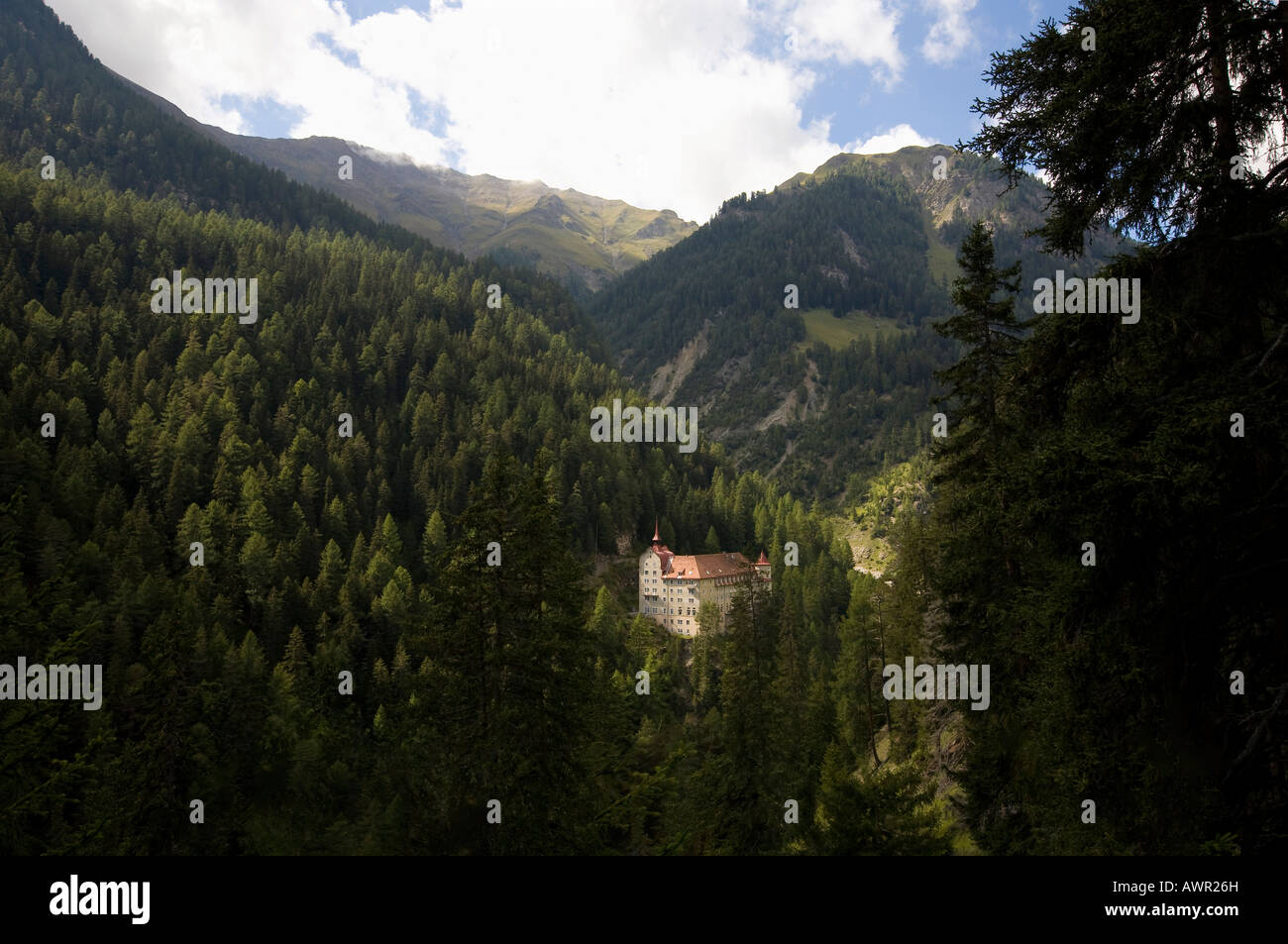 View of the the historic Val Sinestra Hotel, Lower Engadin, Graubuenden ...
