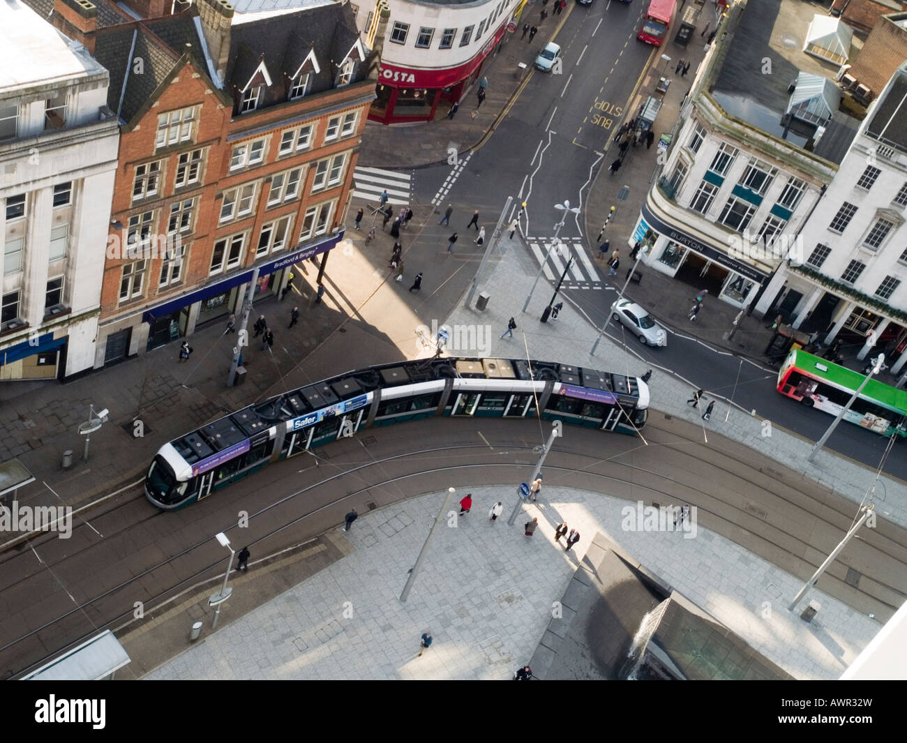 A Tram and the Market Square, viewed from the top of the Nottingham Eye ...
