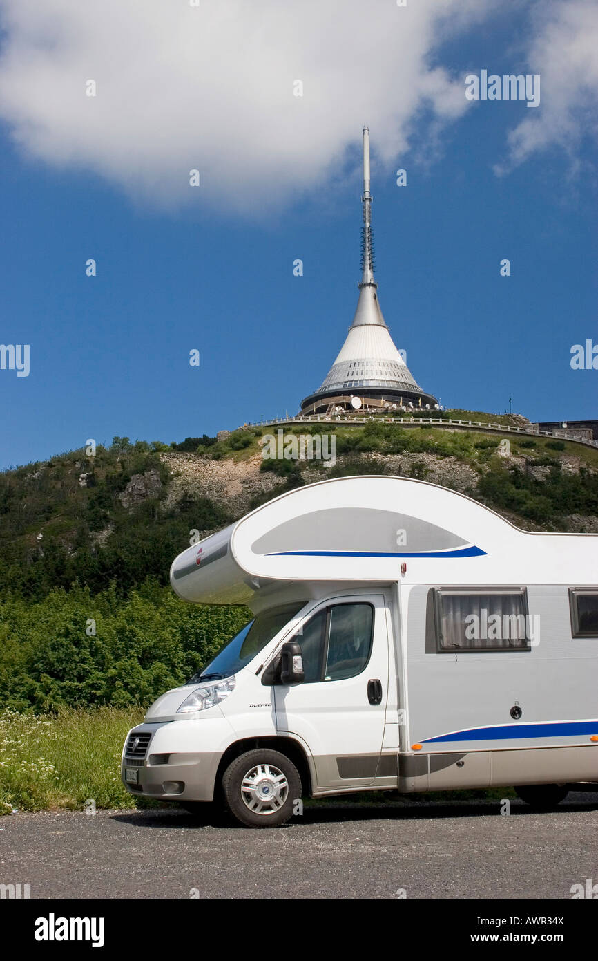 Motorhome in front of Jested Mountain, 1012 m, television tower and ...