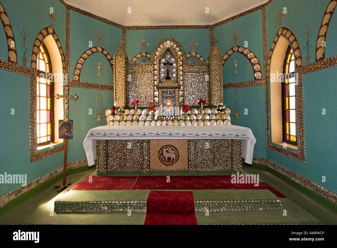 Altar decorated with seashells, church of Beagle Bay, Dampier Peninsula ...