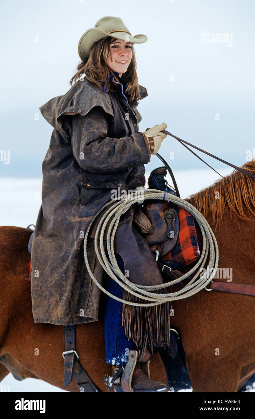 Cowgirl on horse, Canada Stock Photo - Alamy