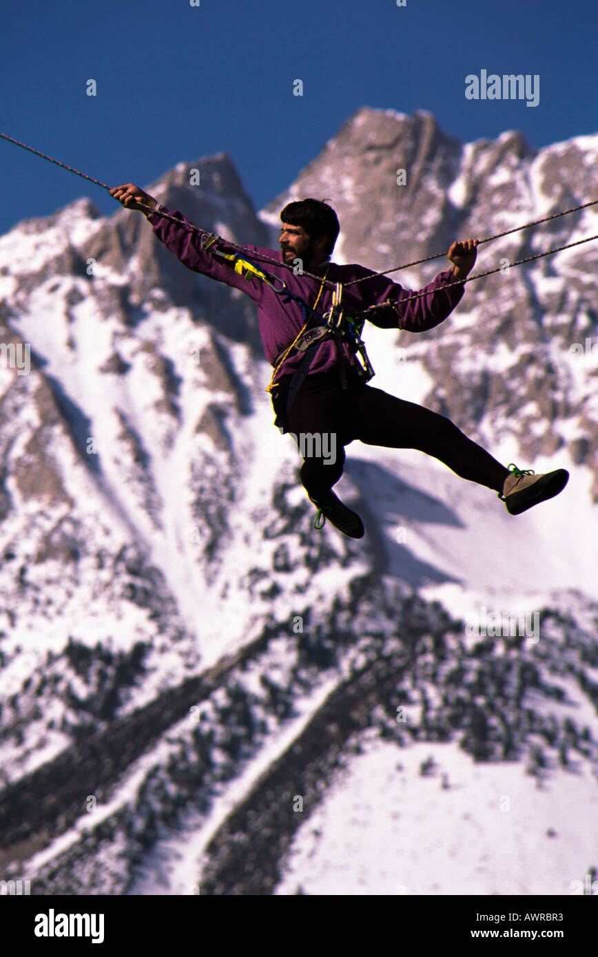 Tyrolean traverse with basin mountain in the background Eastern Sierra ...