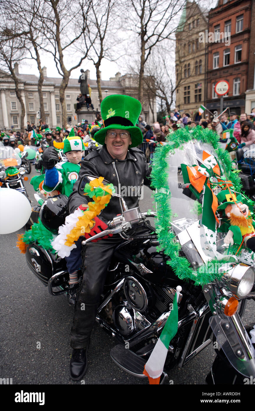 A motorcyclist dressed in leathers and green hat to celebrate St ...
