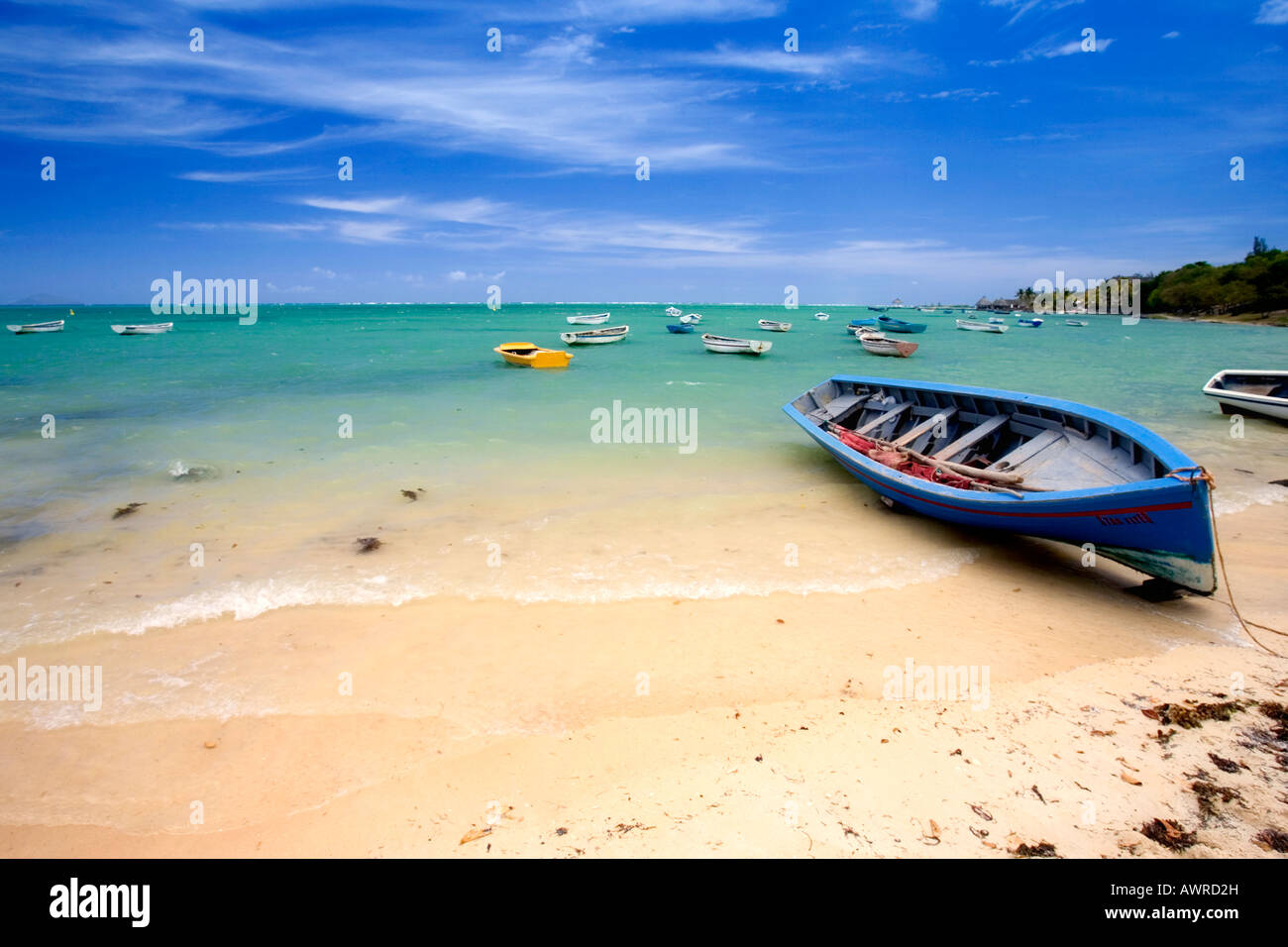 Fishing boat on beach in Northern Mauritius Indian Ocean Stock Photo ...