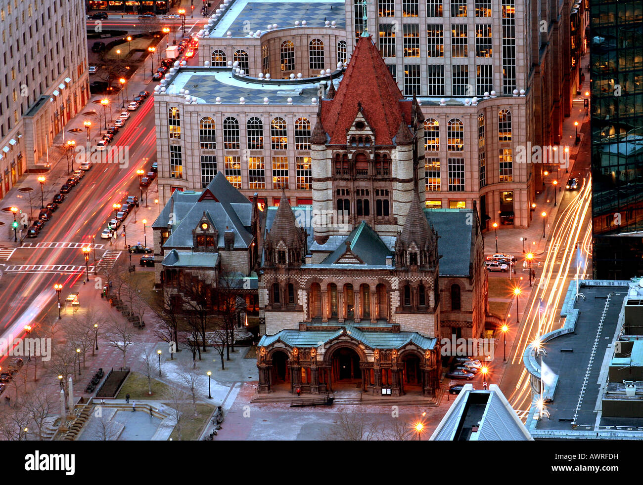 Aerial view of Trinity Church a landmark in Boston's Copley Square ...