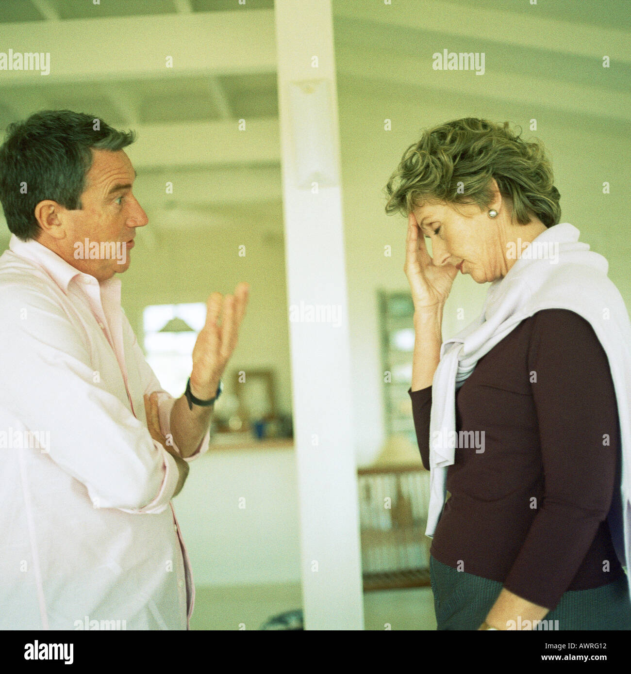Mature couple standing face to face, arguing, woman holding head Stock ...