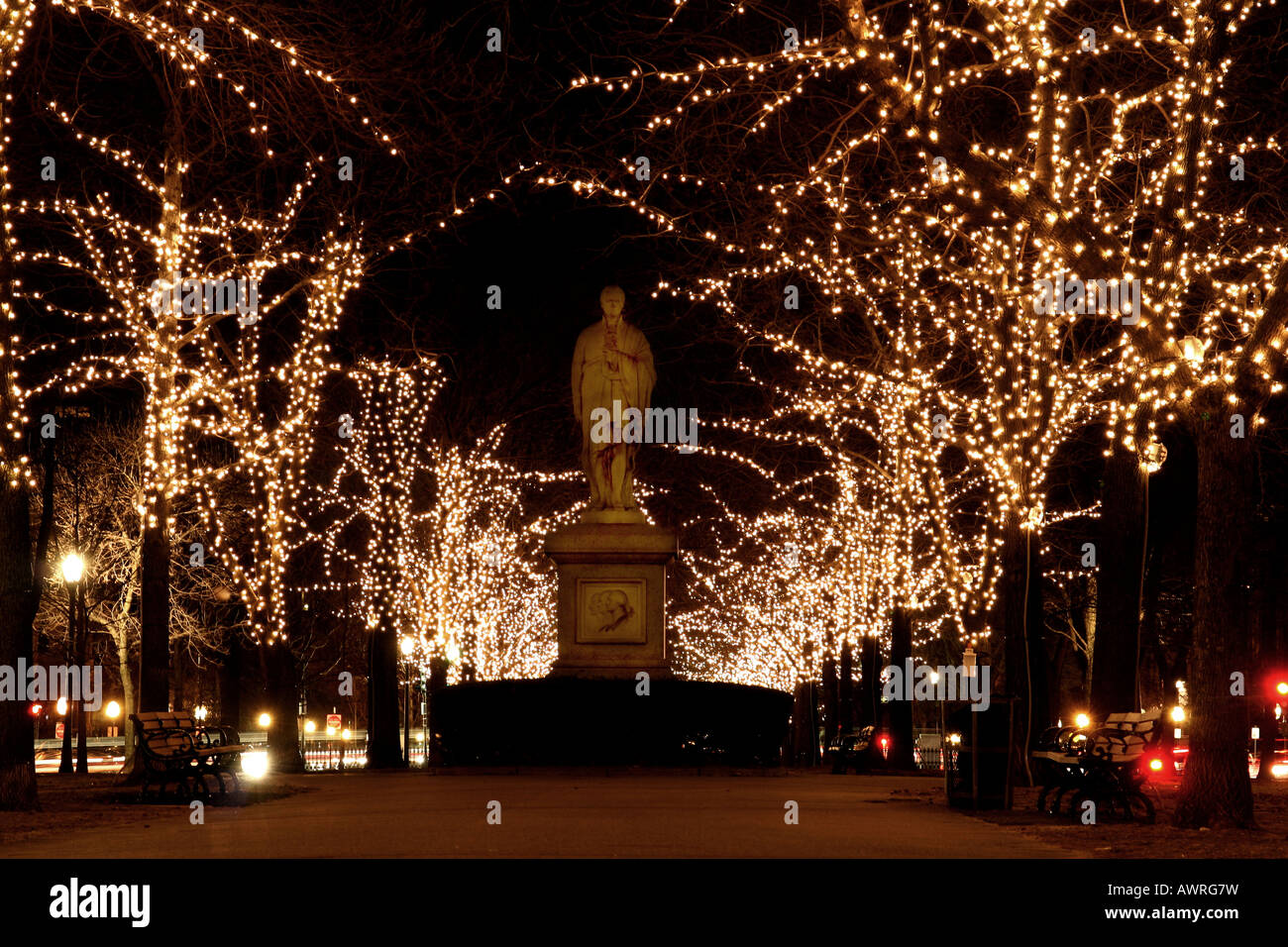 Commonwealth Avenue in Back Bay, Boston, Massachusetts illuminated at ...