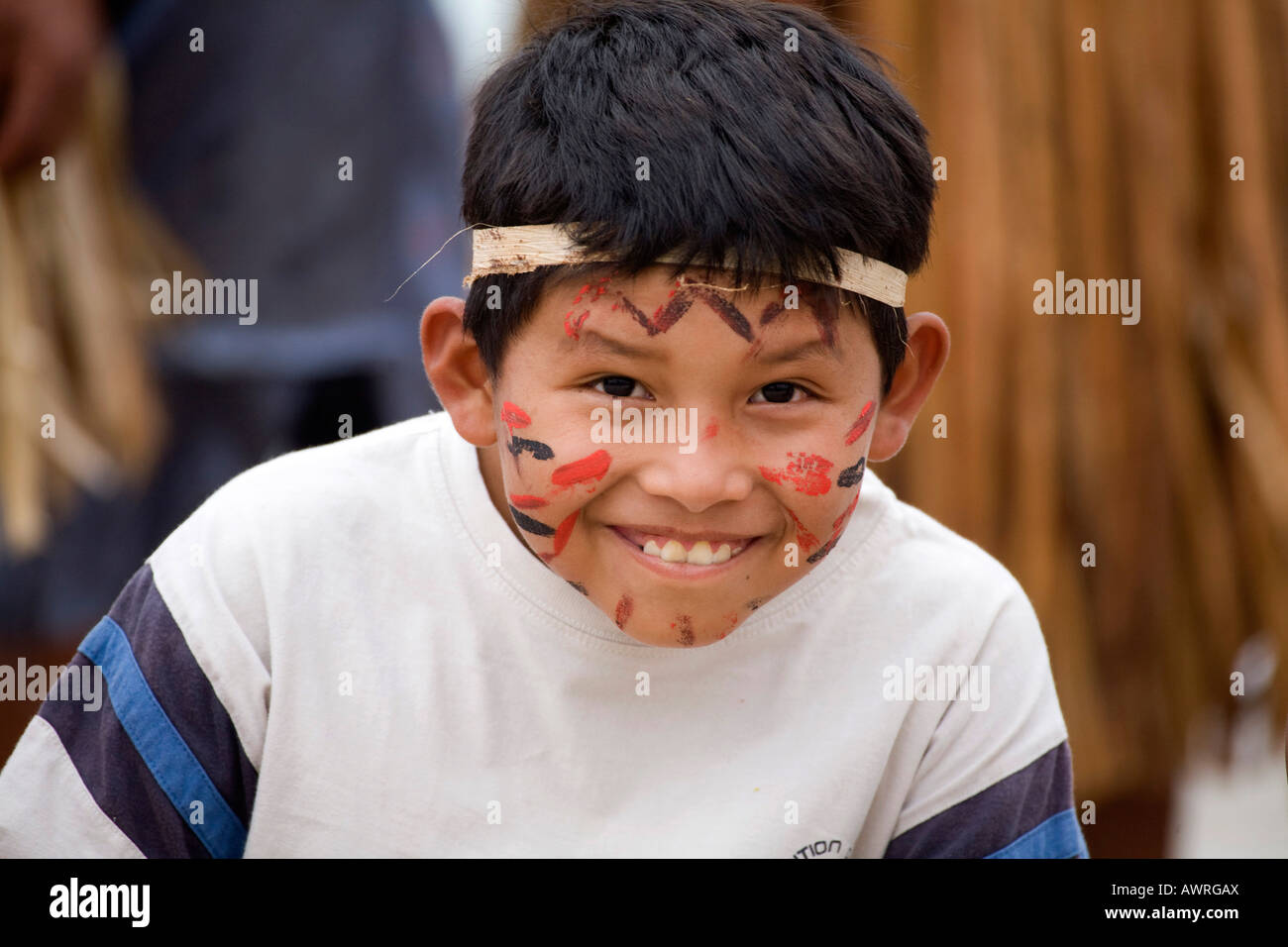 Ecuadorian child boy dancing in traditional native costume ...