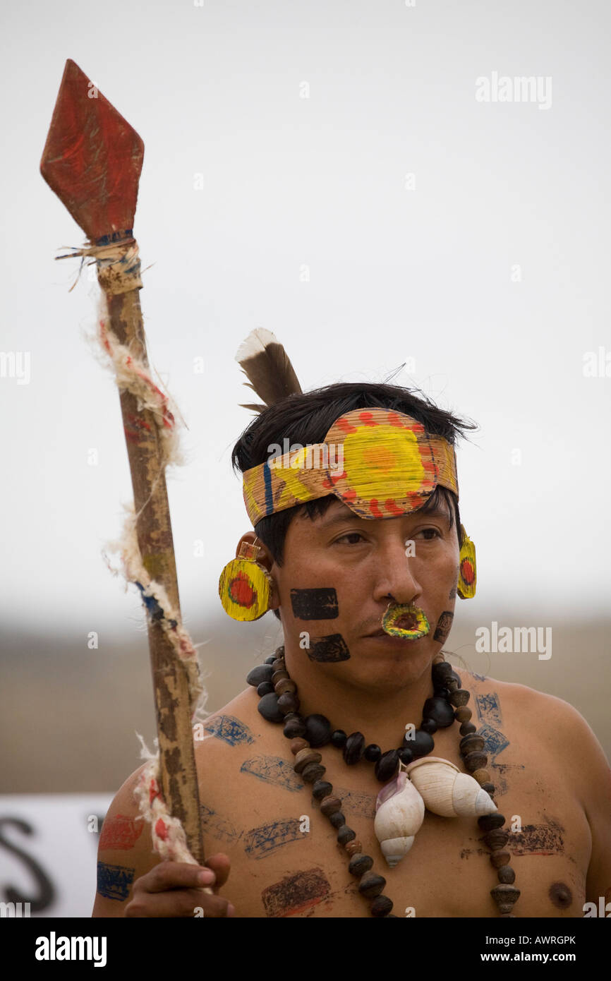 Ecuadorian warrior dancing in traditional native costume demonstrating ...
