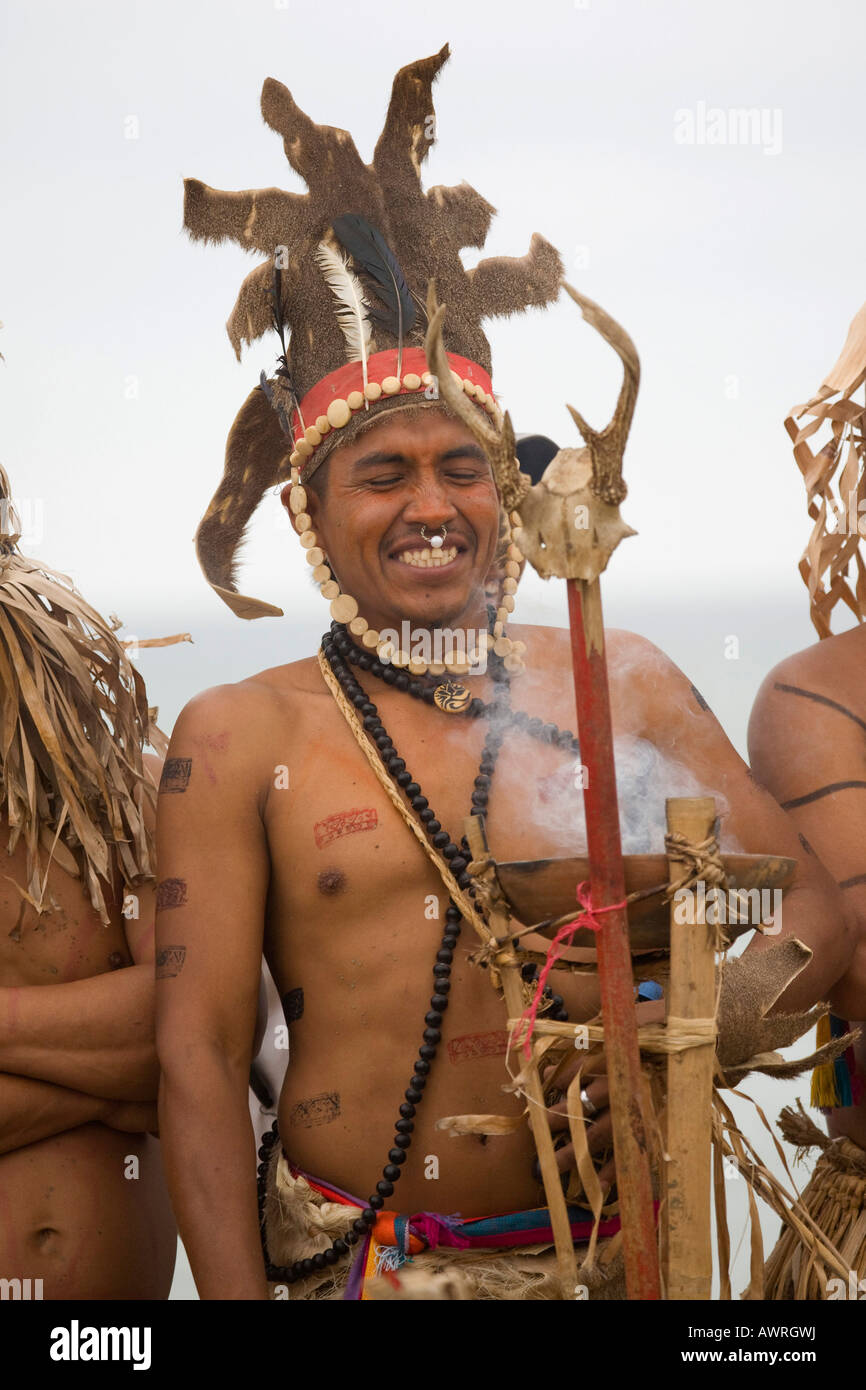 Ecuadorian warrior dancing in traditional native costume demonstrating ...
