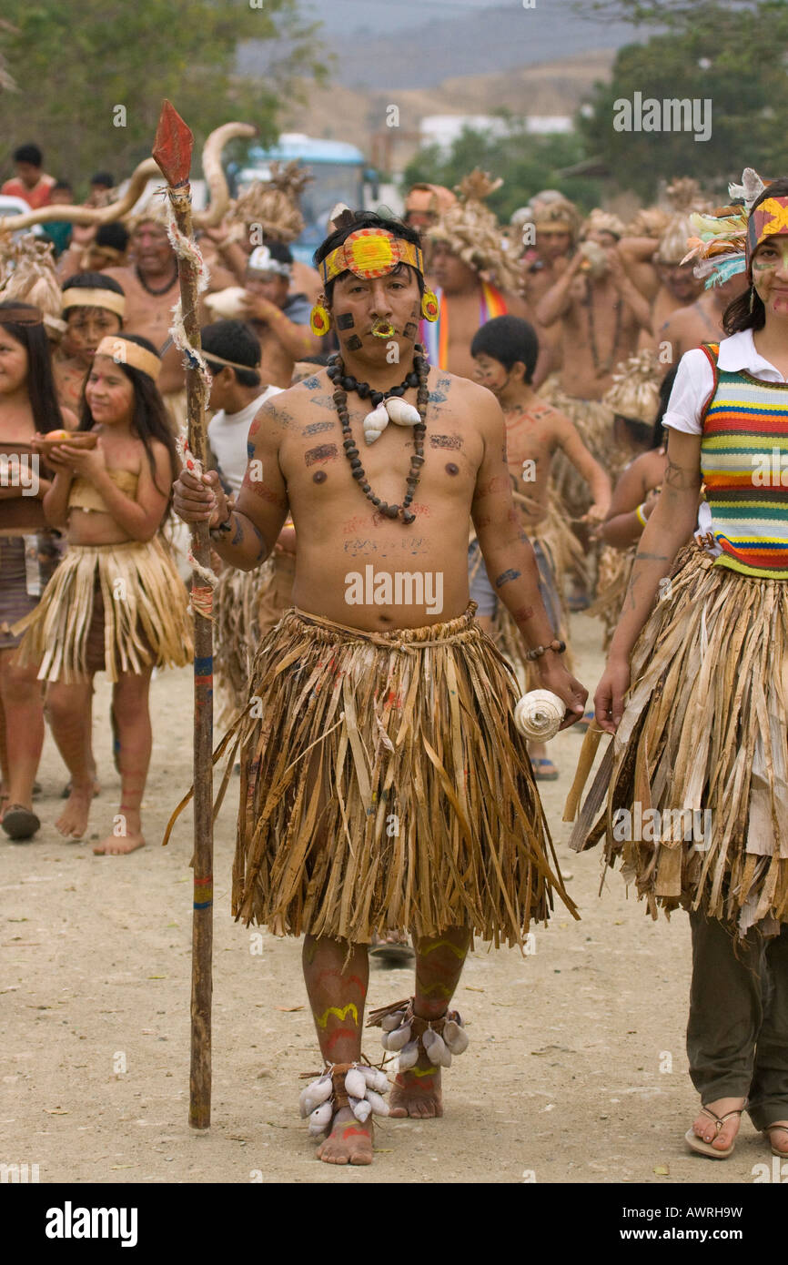 Ecuadorian warrior dancing traditional native costume demonstrating ...