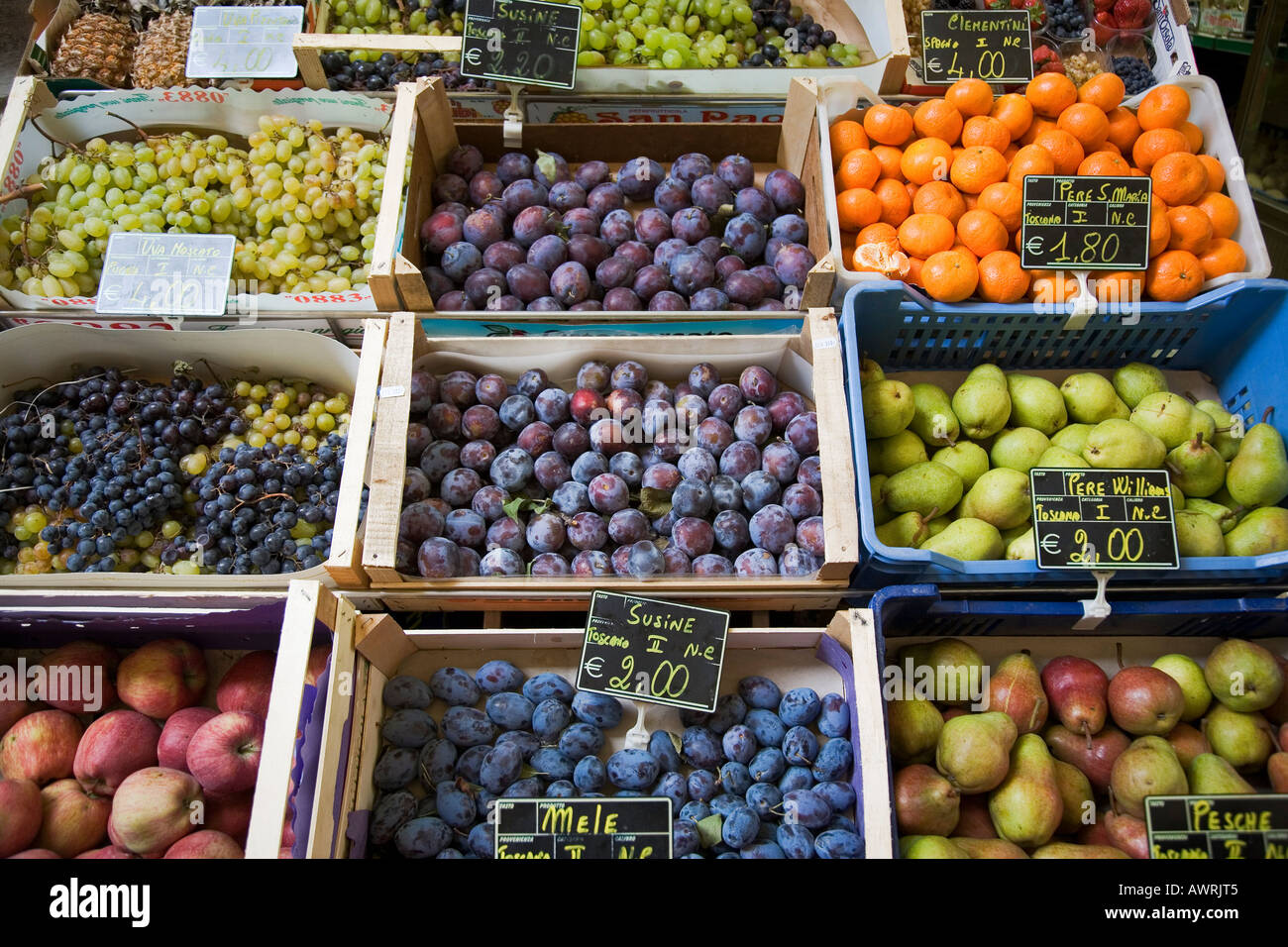 Fresh fruit display outside shop in Cortona Italy Stock Photo - Alamy