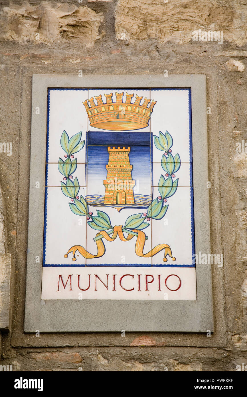 Tile sign identifying the Municipio or city hall Montecastello di Vibio ...