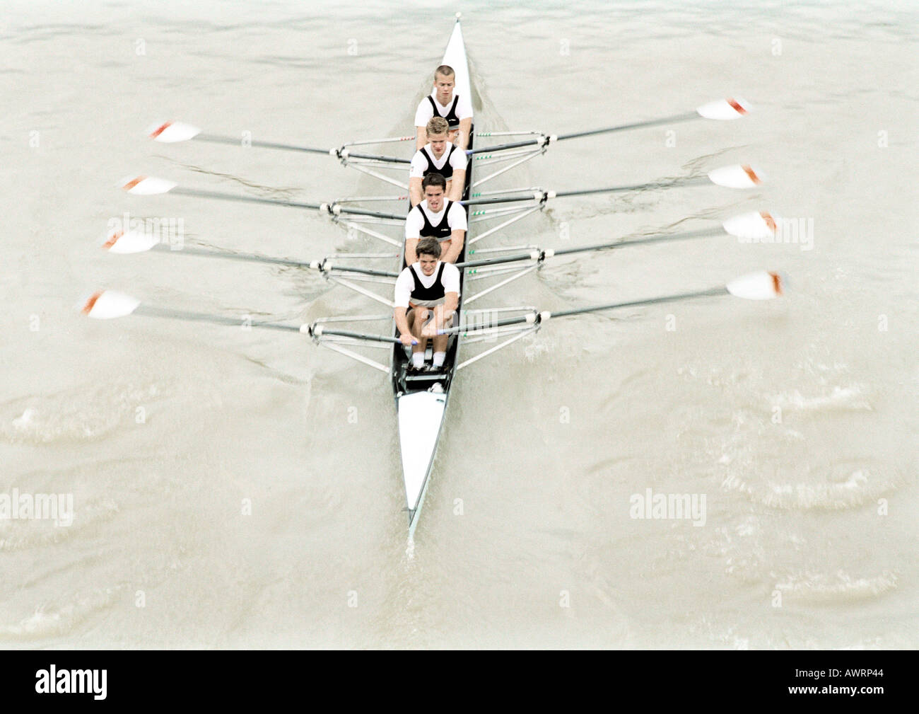 Four teenage boys rowing crew in boat, high angle view Stock Photo - Alamy