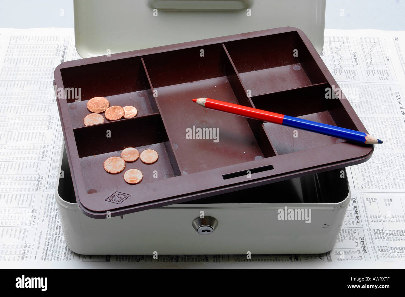 Cash box, empty, cent, coins, red pencil Stock Photo - Alamy
