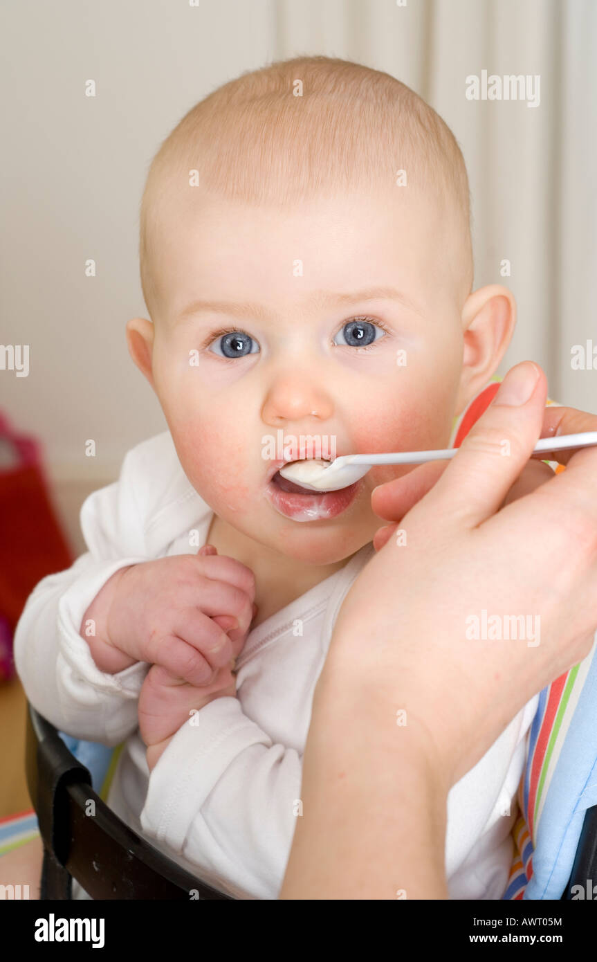 6 month old baby girl being spoon fed Stock Photo - Alamy