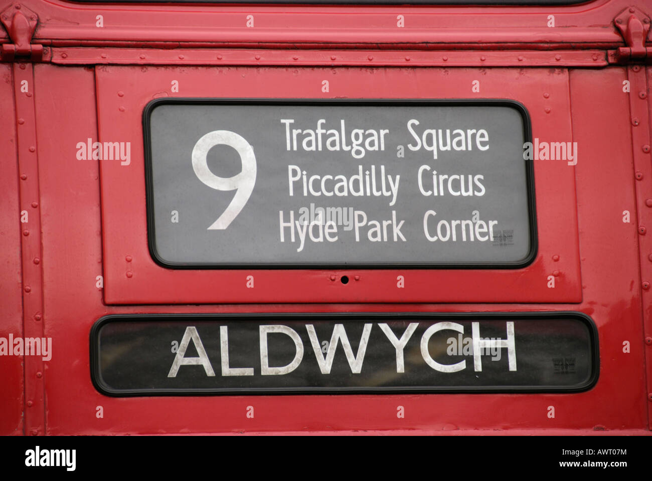 Rear destination sign on number 9 red London Routemaster bus Stock ...