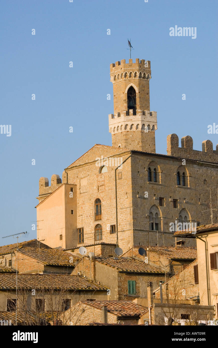 Evening view Volterra Tuscany Italy showing the tower of the Priori ...