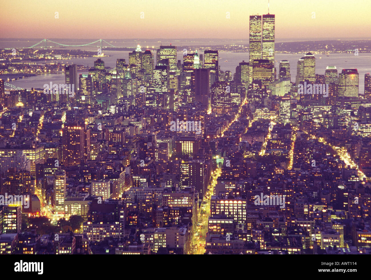 The Manhatten Skyline pre 9 11 from the Empire State Building at dusk ...