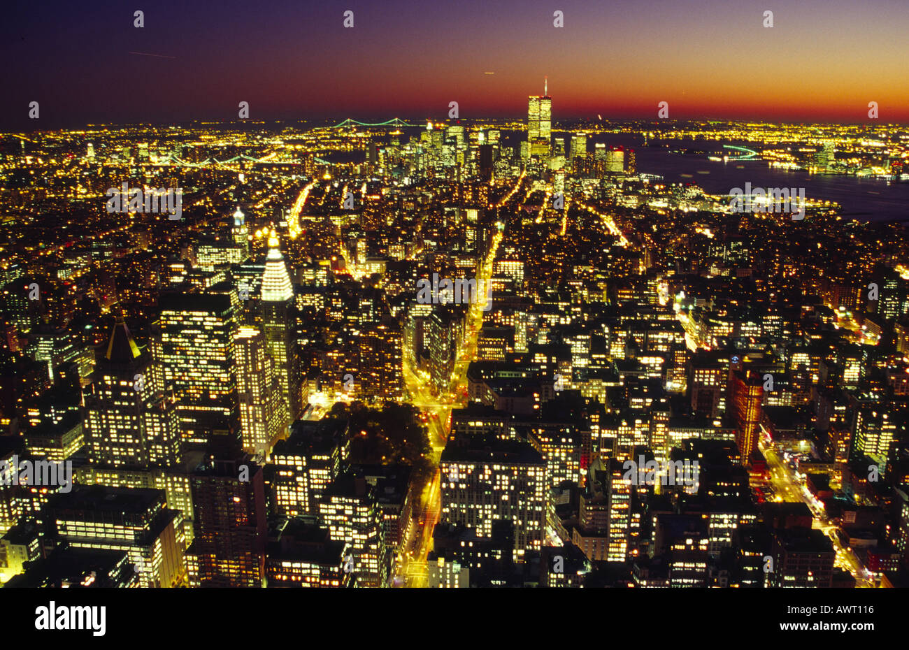 The Manhatten Skyline pre 9 11 from the Empire State Building at dusk ...
