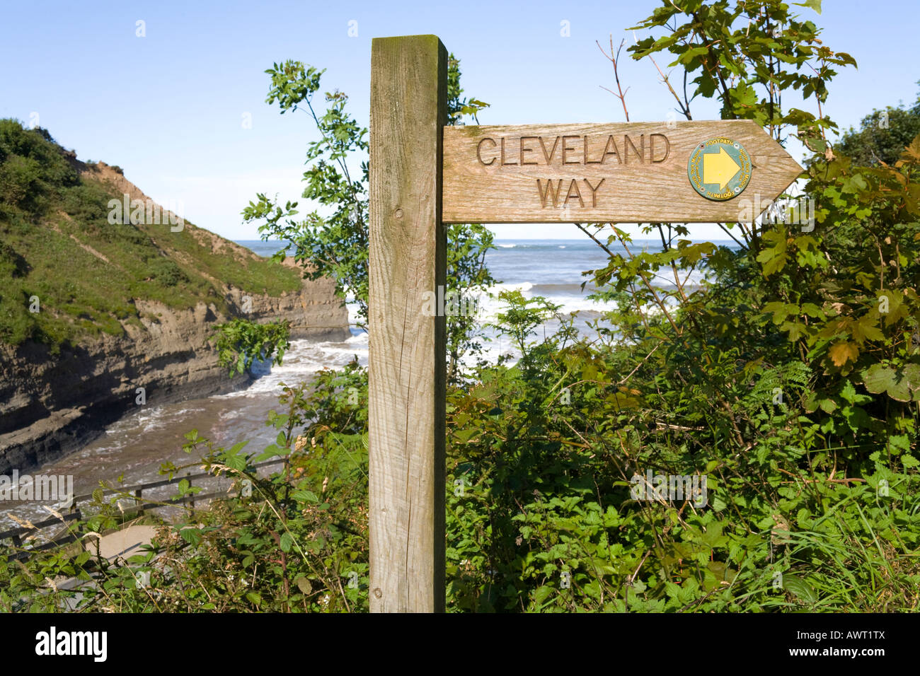 Footpath signpost and waymark for The Cleveland Way at Boggle Hole ...