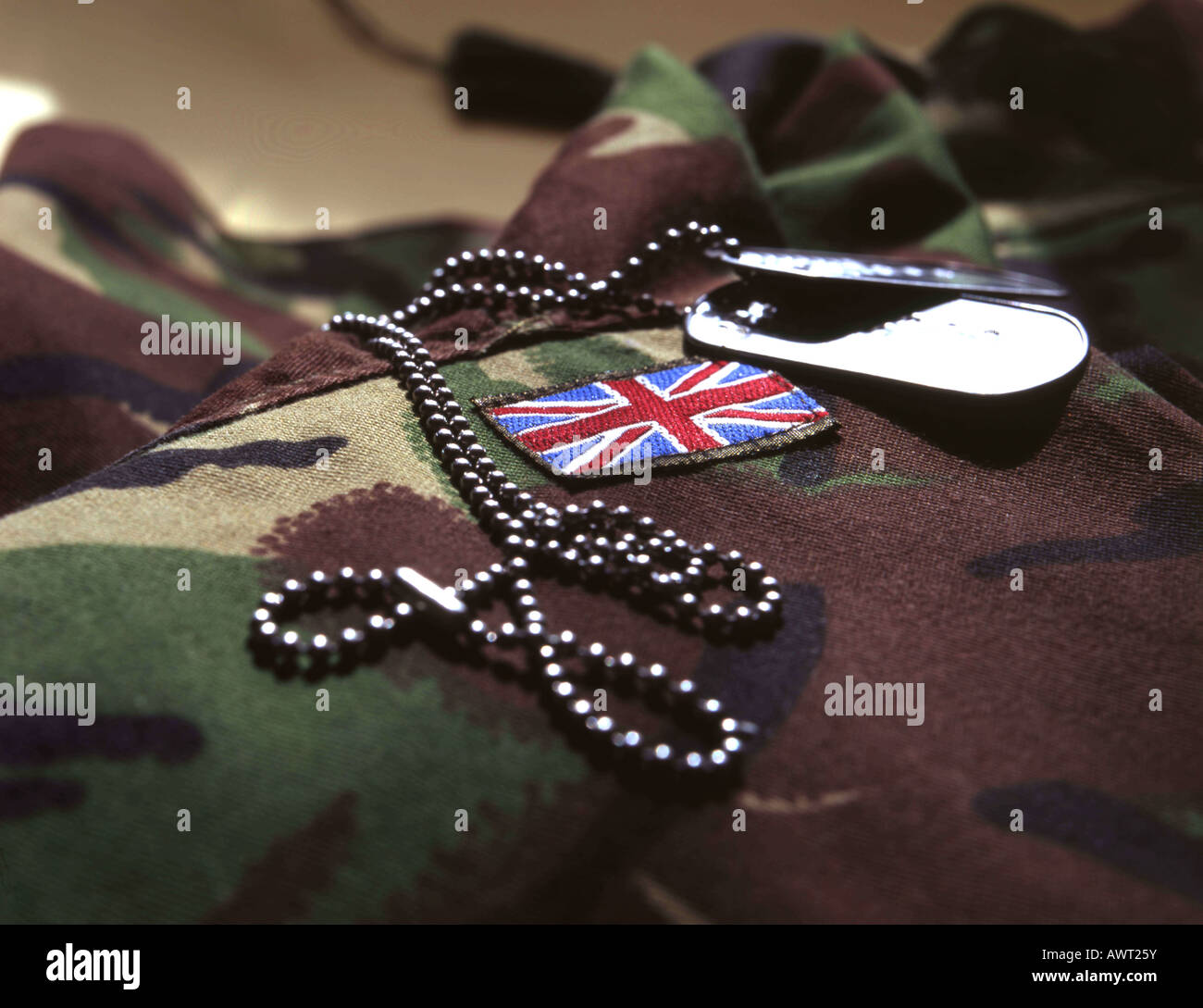 RAF uniform greens with Union Jack patch and dog tag ID s Stock Photo ...